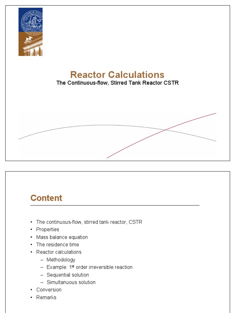 Reactor Calculations: The Continuous-Flow, Stirred Tank Reactor CSTR | PDF | Chemical Reactor ...
