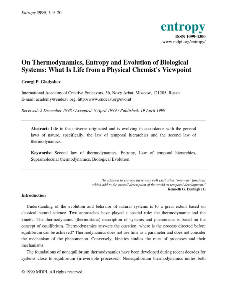 Entropy: On Thermodynamics, Entropy and Evolution of Biological Systems ...