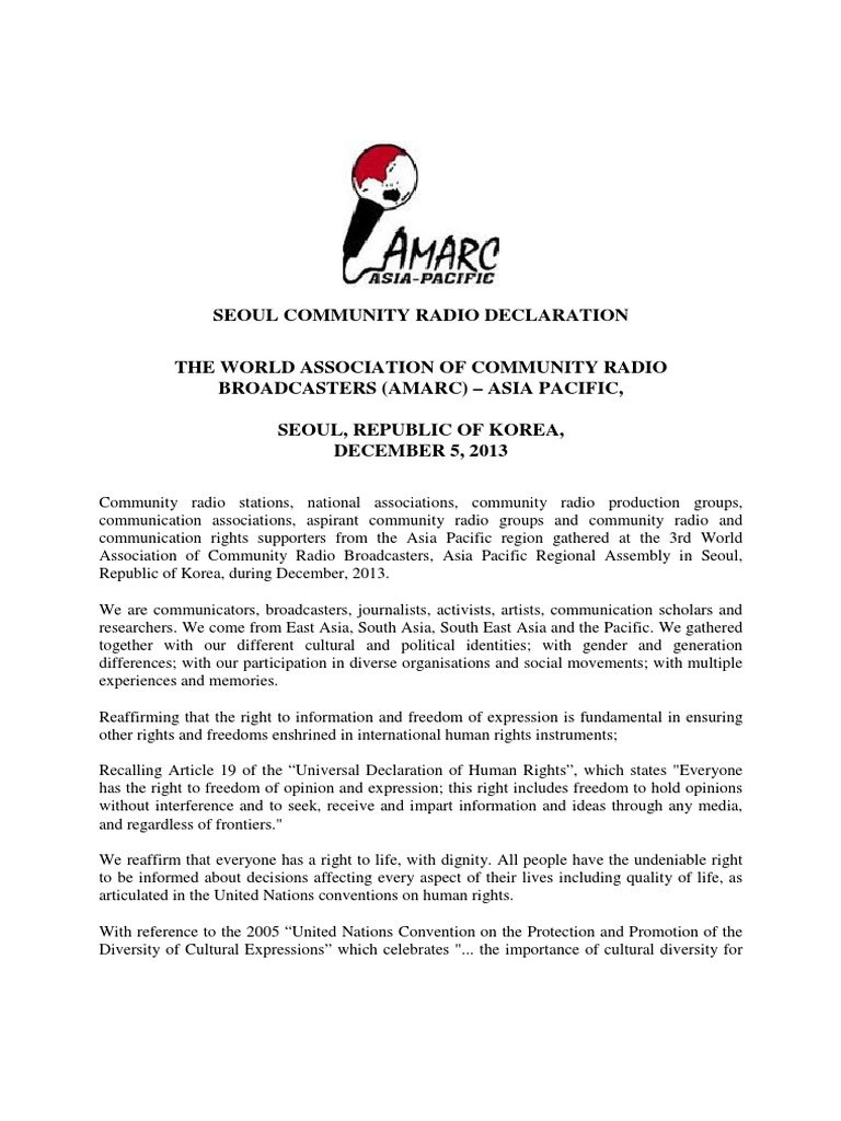 Seoul Community Radio Declaration | PDF | Multiculturalism | Human Rights