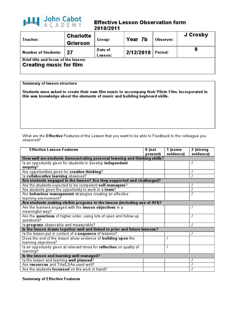 Effective Lesson Observation Form SLT 2010 2011 | PDF | Applied ...