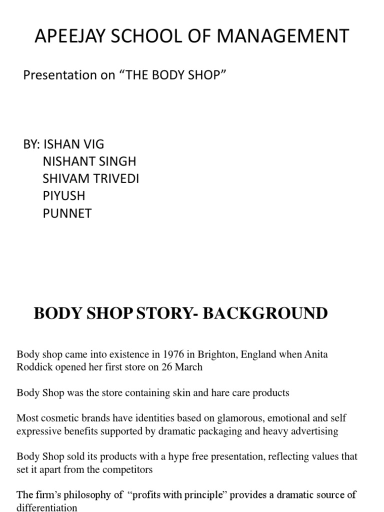 Apeejay School of Management: Presentation On "THE BODY SHOP" | PDF ...