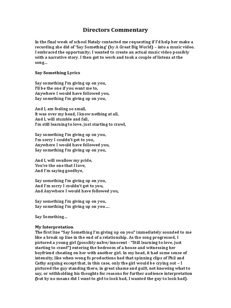 Say Something Music Video - Director's Commentary | PDF | Narrative ...
