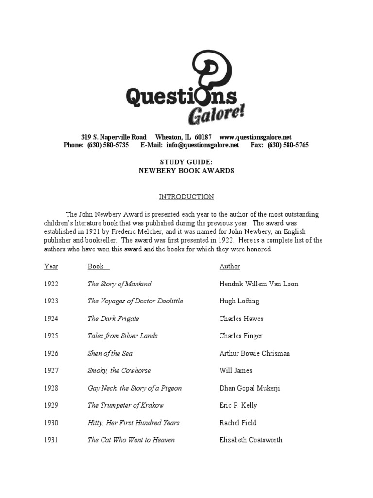 Study Guide: Newbery Book Awards | PDF