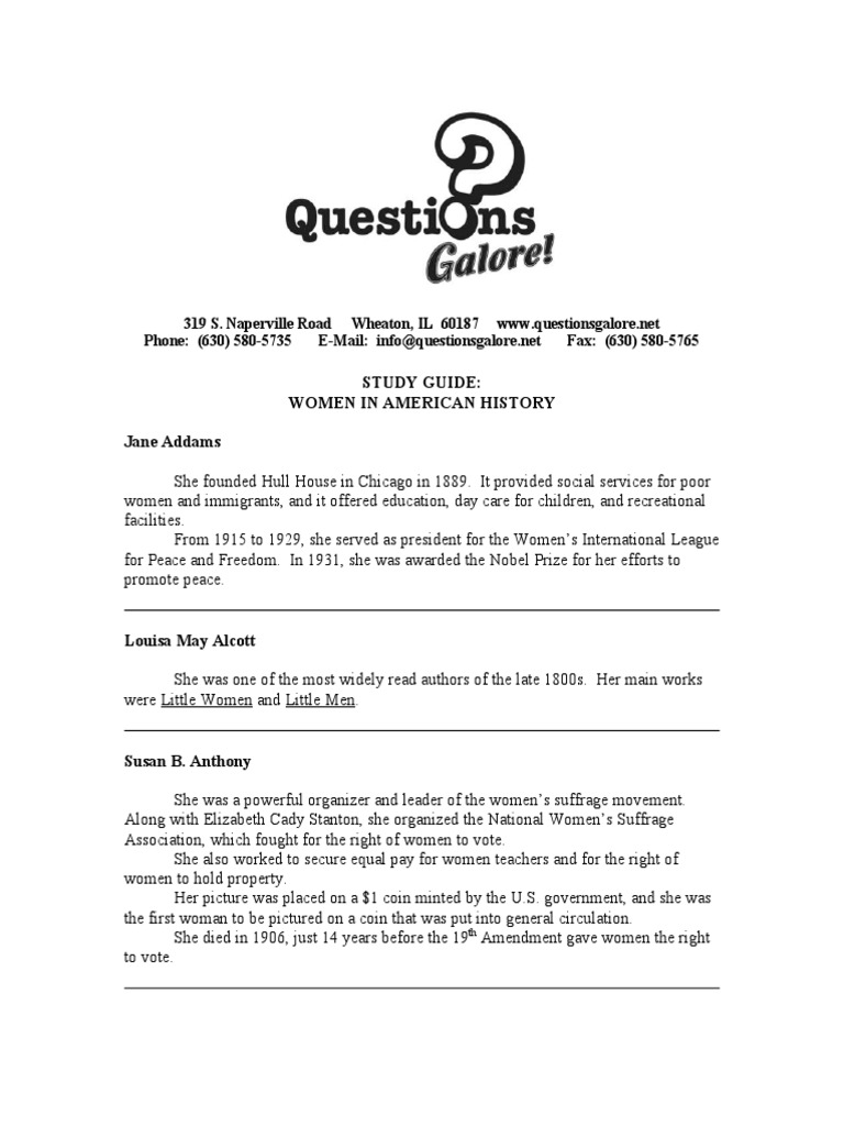 Study Guide: Women in American History Jane Addams | PDF | Wellness ...