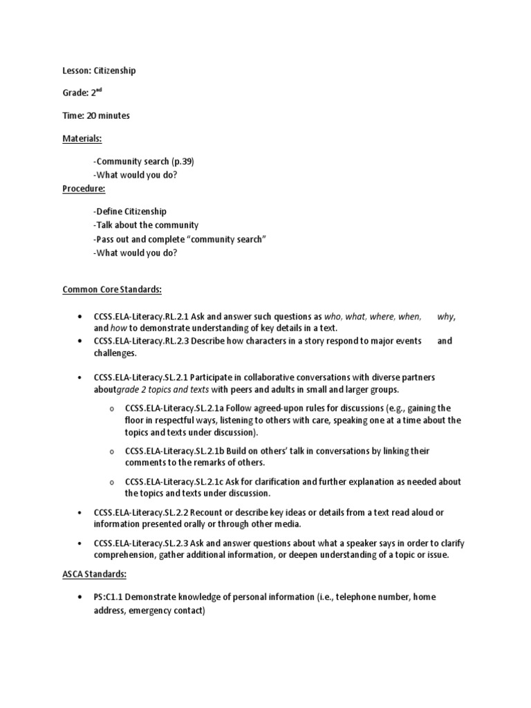 2nd Grade Citizenship Lesson Plan | PDF