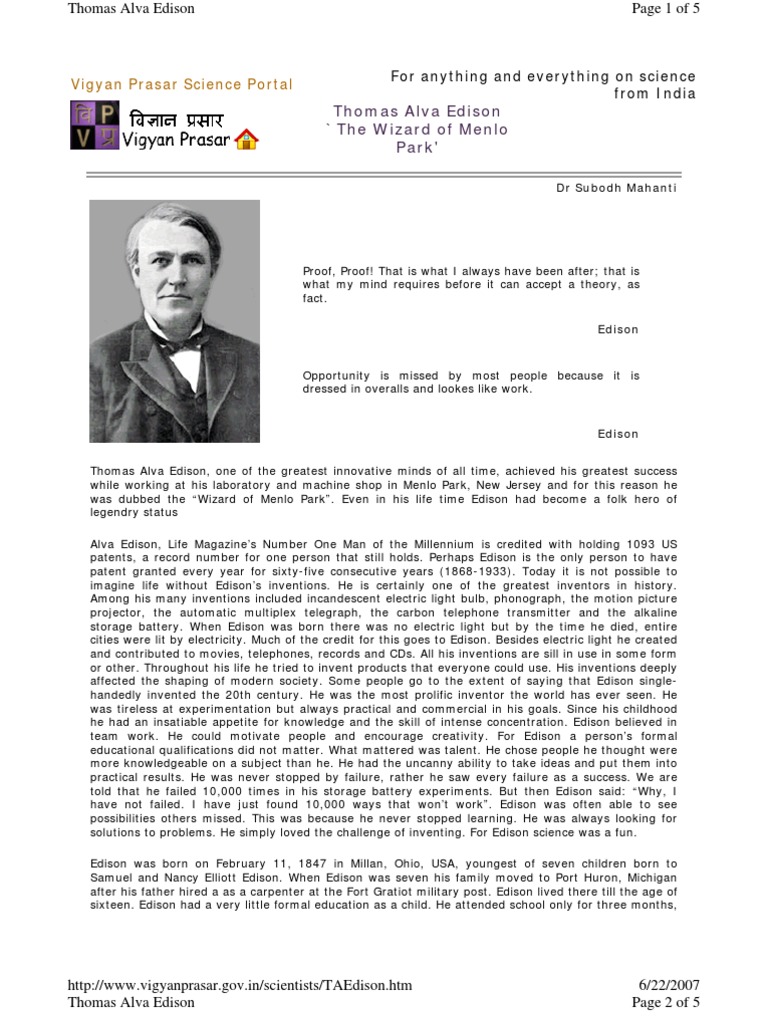 Thomas Alva Edison | PDF | Thomas Edison | Incandescent Light Bulb