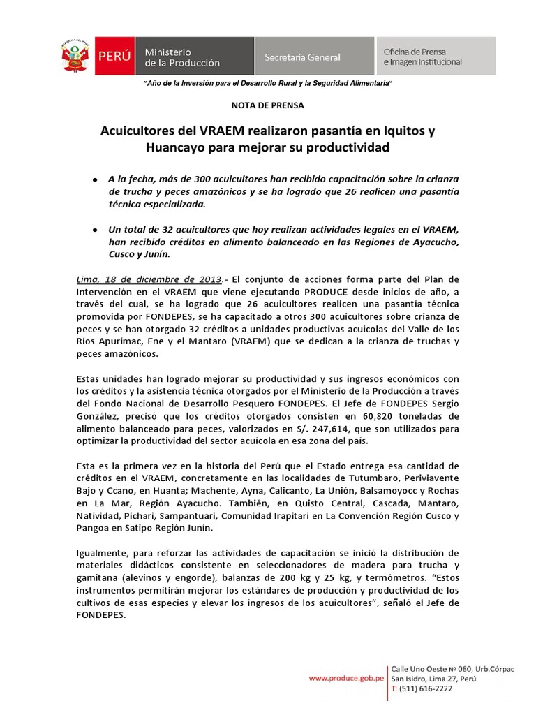 Nota Produce - Acuicultores VRAEM | PDF | Economias | Business
