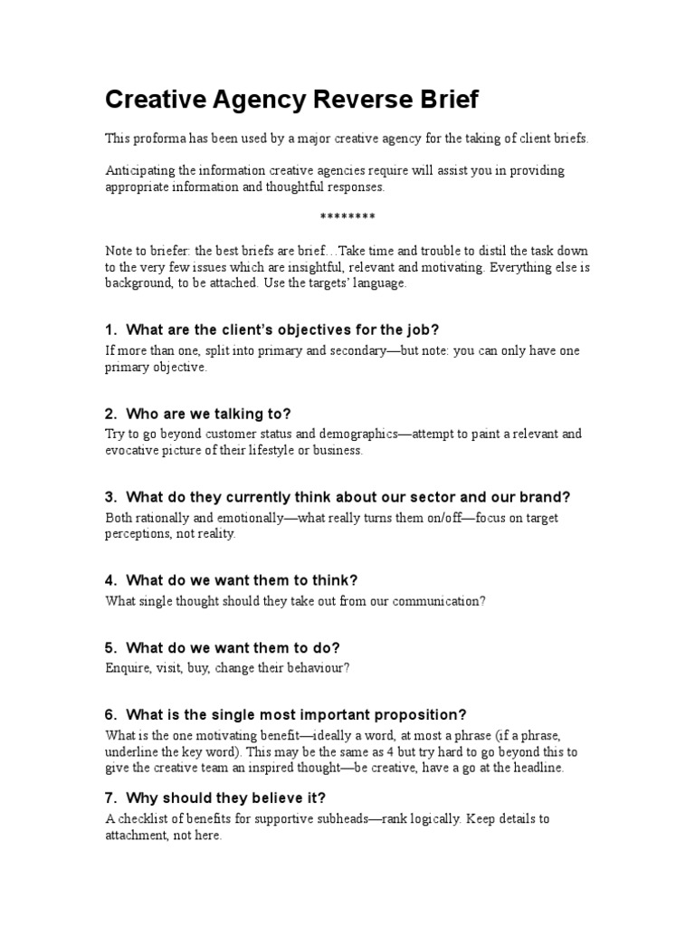 Creative Agency Reverse Brief | PDF | Brand | Advertising