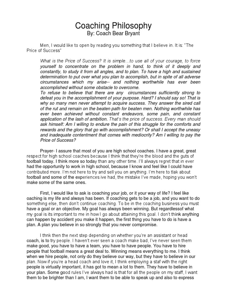 Bear Bryant Philosophy | PDF | Quarterback | Football Codes