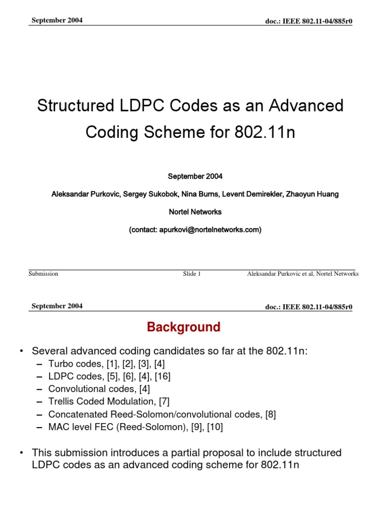 11 04 0885 00 000n Structured Ldpc Codes As Advanced Coding Scheme 802 11n Presentation Slides