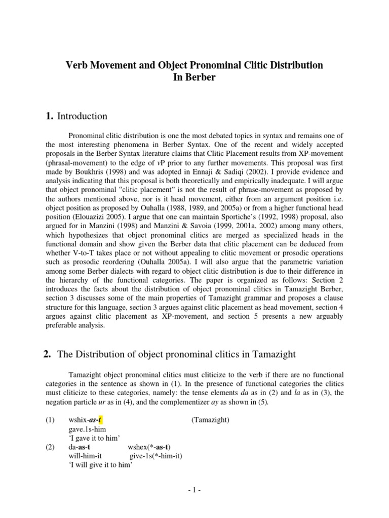 Verb Movement and Object Pronominal Clitic Distribution | PDF | Grammatical Tense | Morphology ...