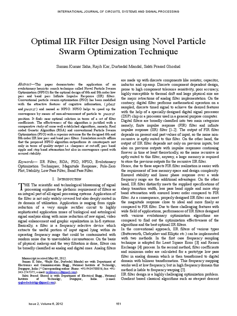 Optimal IIR Filter Design Using Novel Particle Swarm Optimization ...
