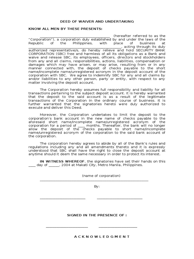 Format - Deed of Undertaking | PDF | Civil Law (Legal System) | Social ...