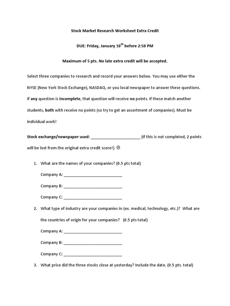 Stock Market Research Worksheet Guide | PDF