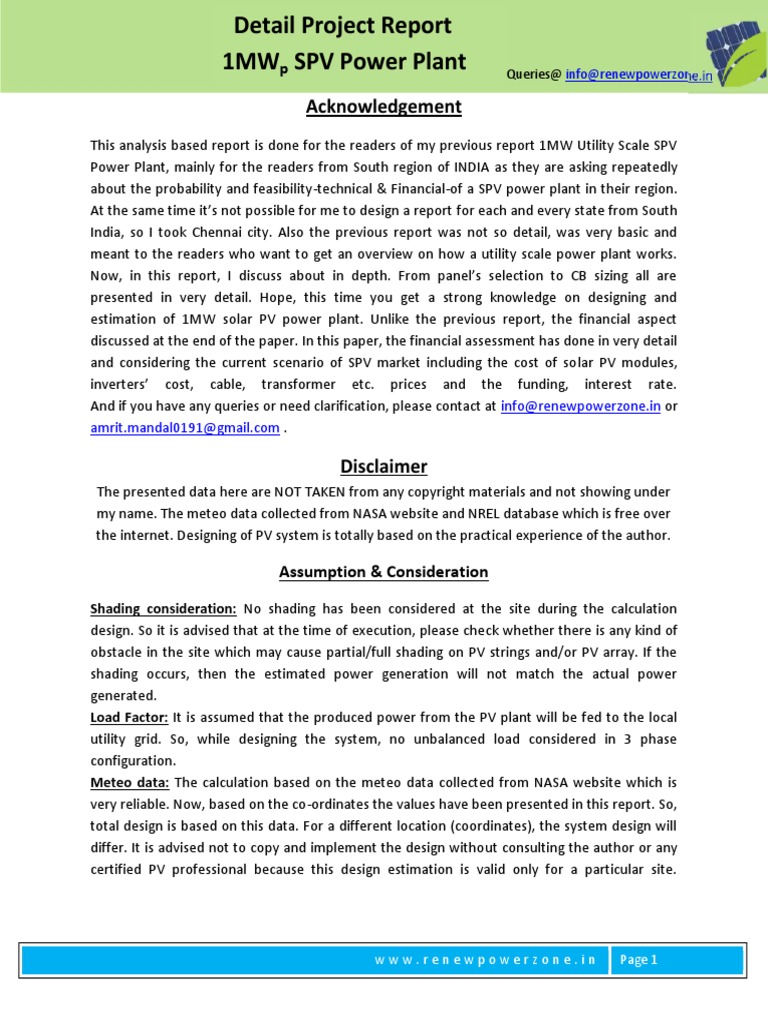 Detail Project Report (DPR) : 1MW Utility Scale Solar PV Power Plant ...