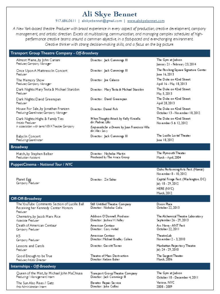 Ali Skye Bennet: Theatre Producer Resume | PDF | Theatre | Culture Of ...