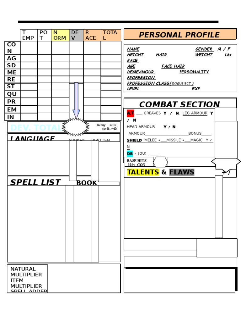 Rolemaster Character Sheet - non official