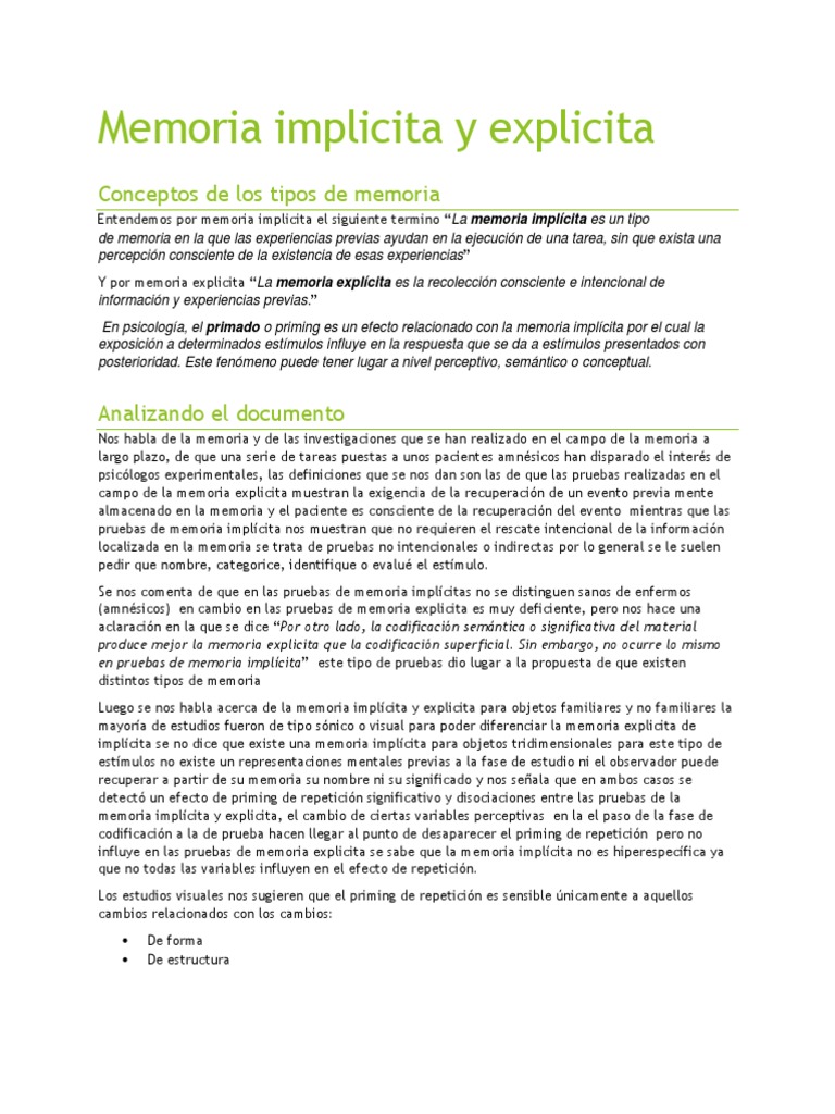 Memoria Implicita y Explicita | PDF | Cebado (psicología) | Memoria