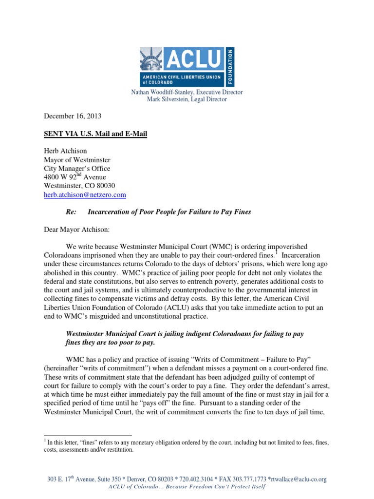 ACLU Letter To Westminster | PDF | Contempt Of Court | Prison