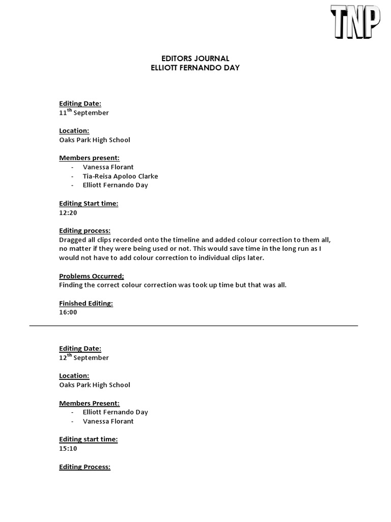 Editors Journal Elliott Fernando Day | PDF | Editing | Video