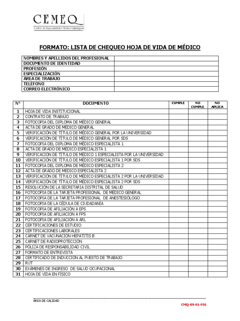 LISTA DE CHEQUEO HOJA DE VIDA MÉDICO | Bienestar | Medicina