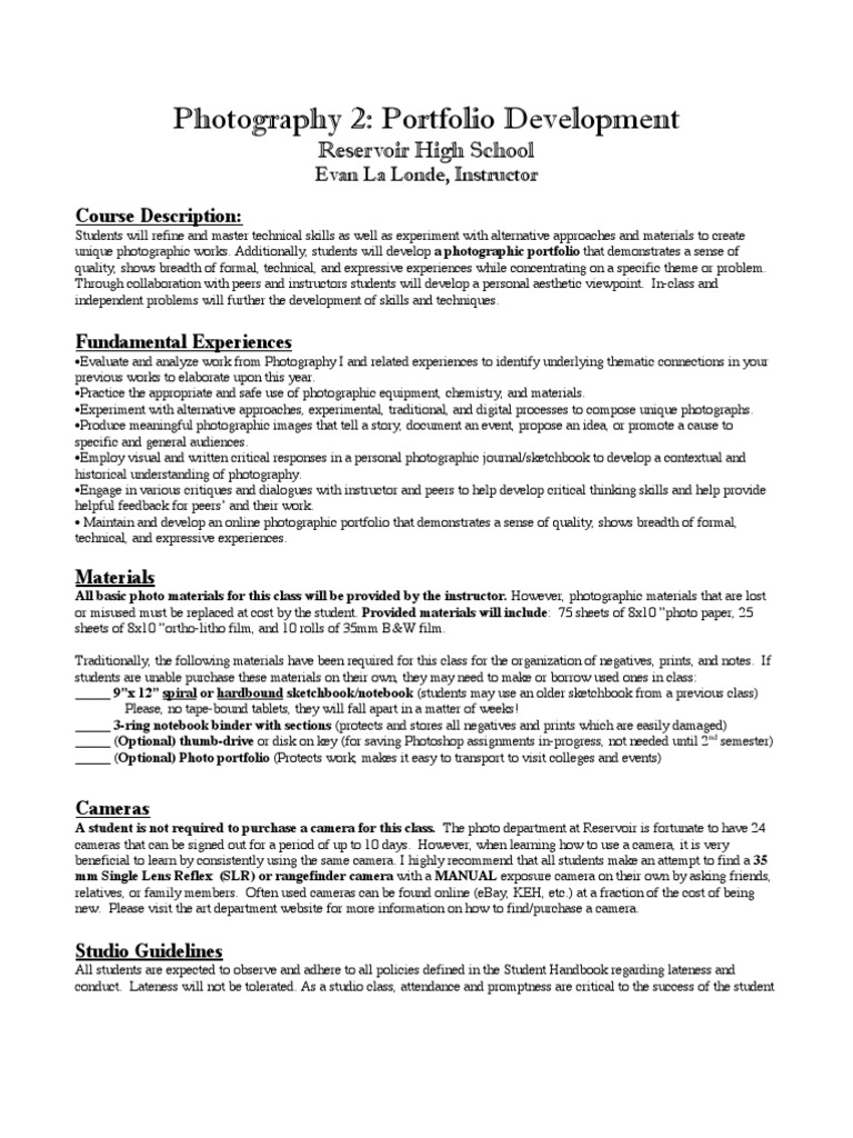Photography II: Portfolio Development Guide | PDF | Homework | Syllabus