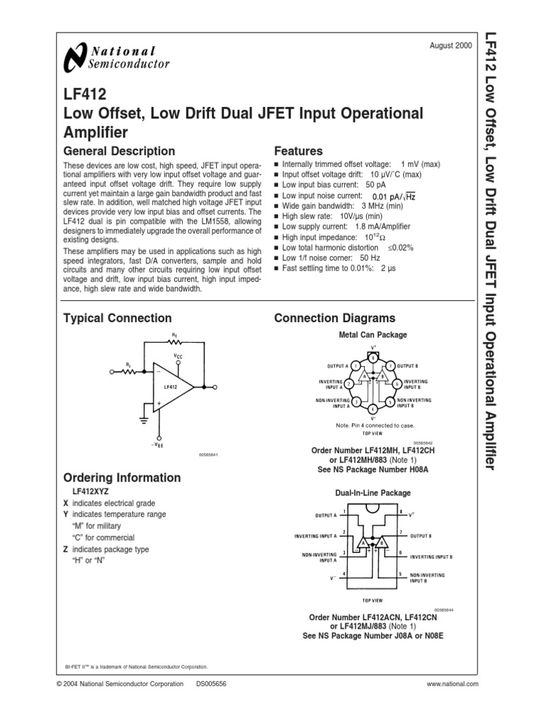 Datasheet LF412CN | PDF | Amplifier | Operational Amplifier