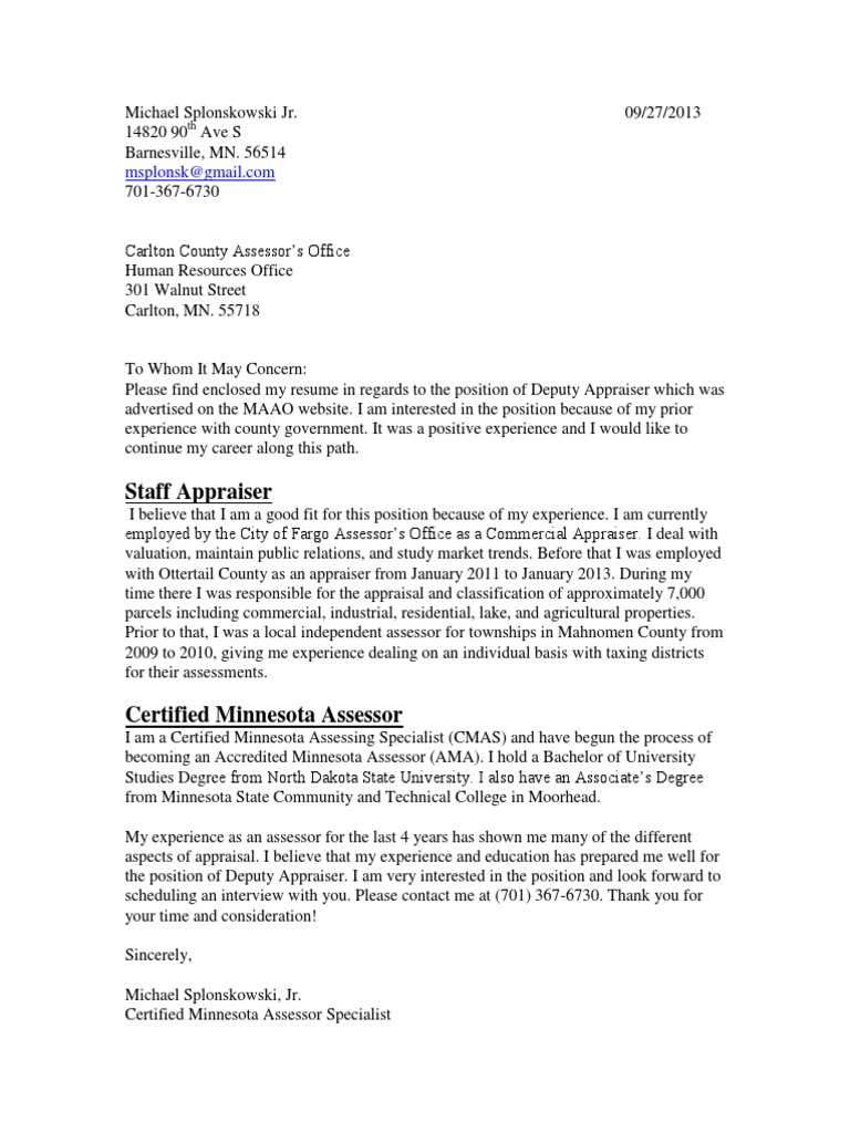 Deputy Appraiser Cover Letter | PDF