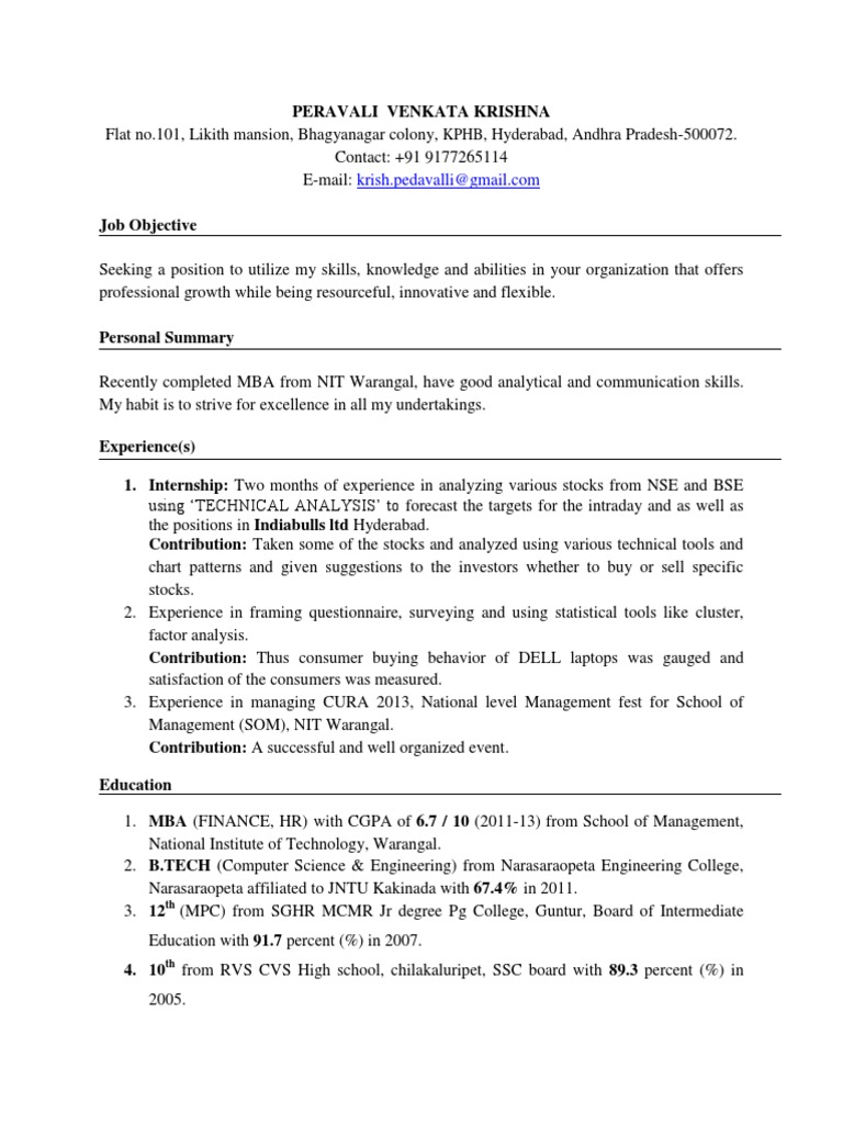 NIT Warangal MBA Finance CV | PDF | Engineering | Computing And ...