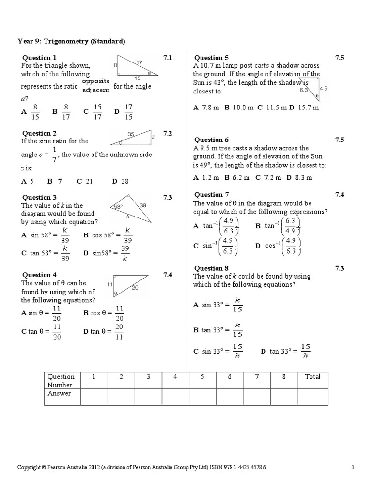Year 9 Trigonometry: Solutions to practice questions on trigonometric ...