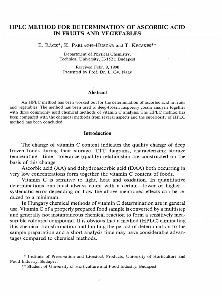 HPLC Method For Determinationof Ascorbic Acid in Fruit and Vegatables ...