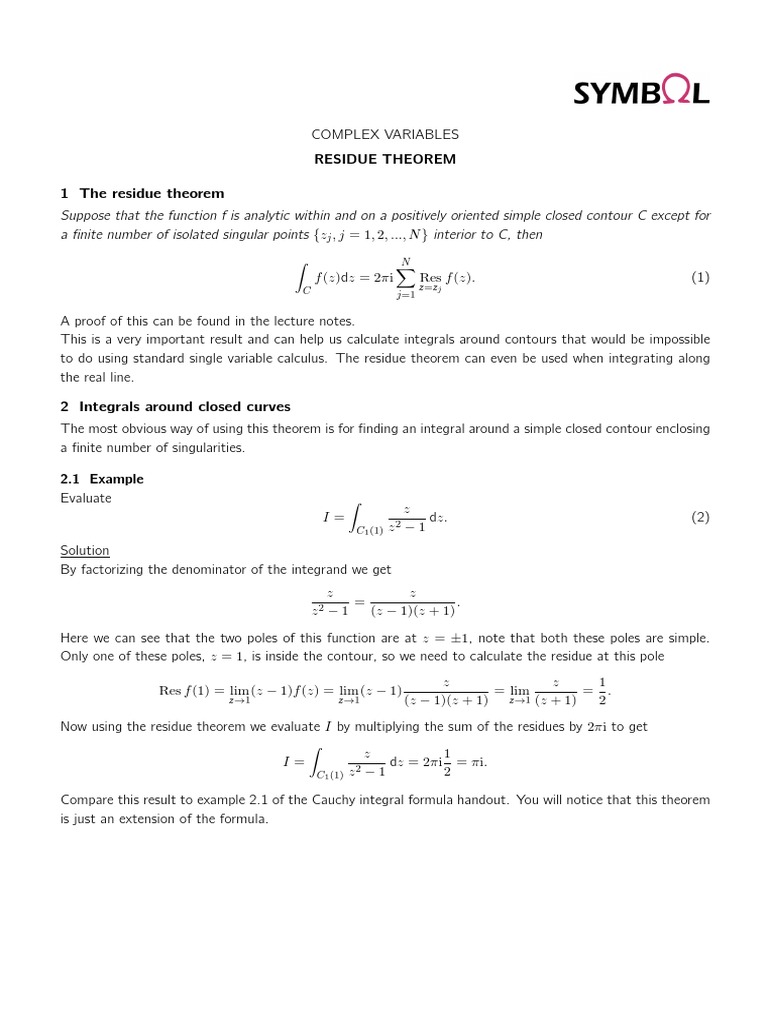 Handout Residue Theorem | PDF | Integral | Mathematical Analysis