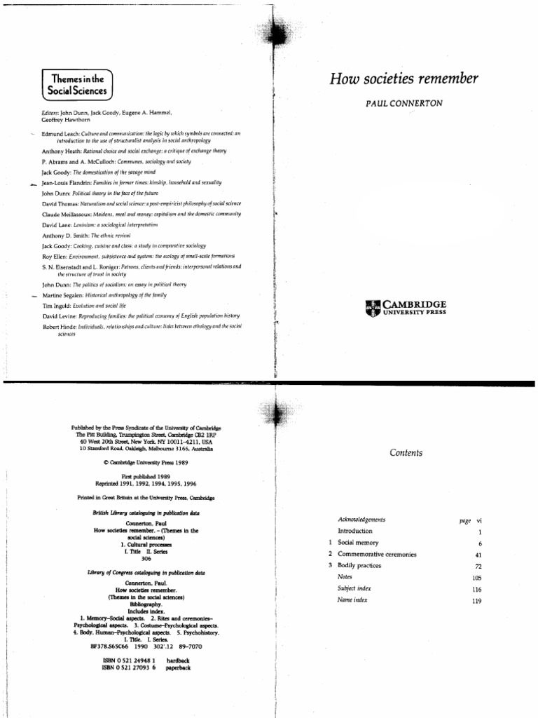 Paul Connerton How Societies Remember Themes in The Social Sciences ...