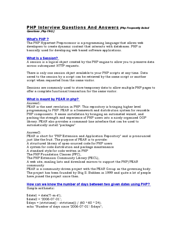 PH P Interview Questions An D An SW Ers: What's PHP ? | PDF | Pear | Php