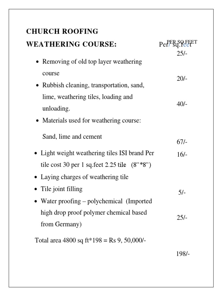 Church Roofing Weathering Course:: Per SQ - Feet | PDF