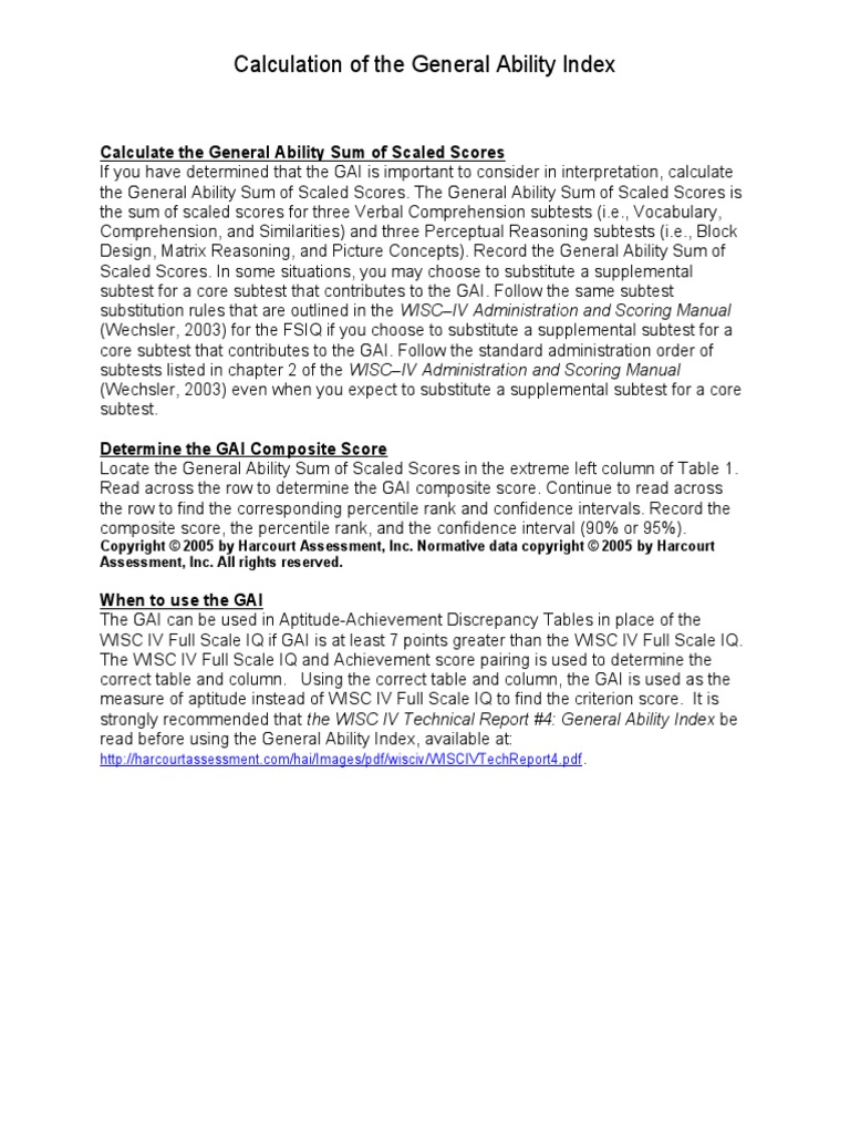 Calculate GAI (General Ability Sum of Scaled Scores) | PDF | Data ...