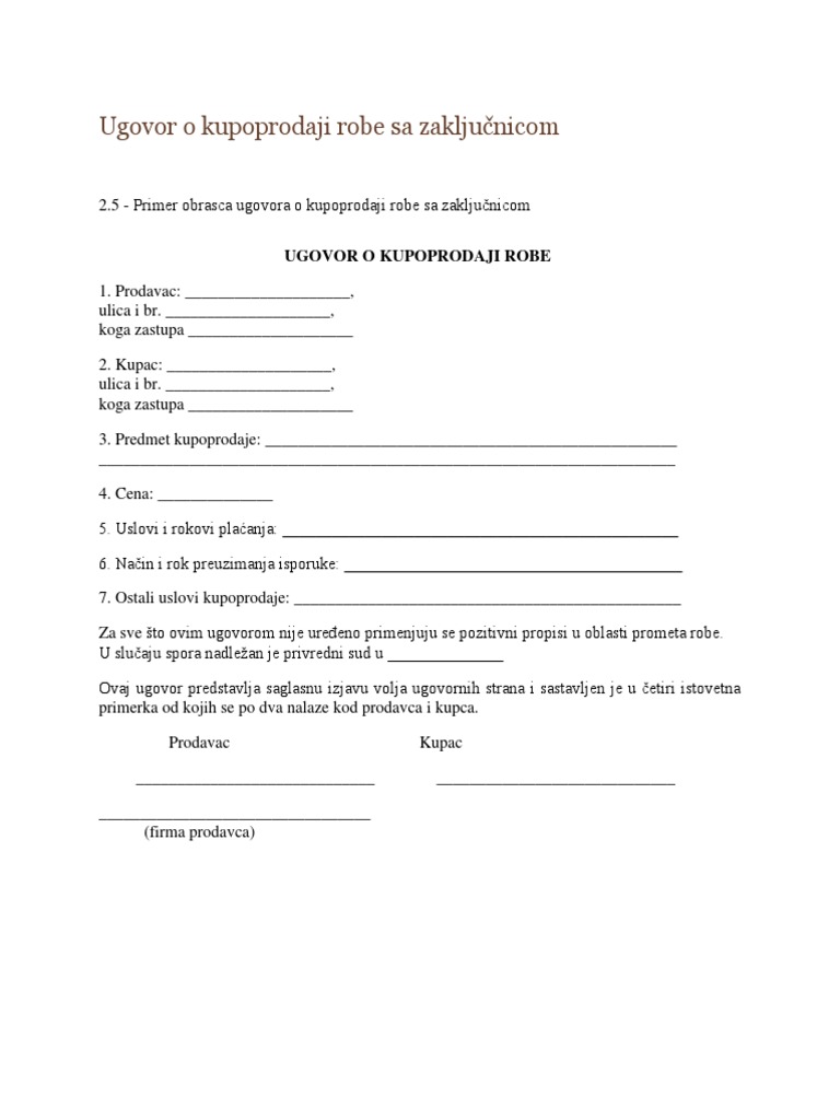 Ugovor o Kupoprodaji Robe Sa Zaključnicom | PDF