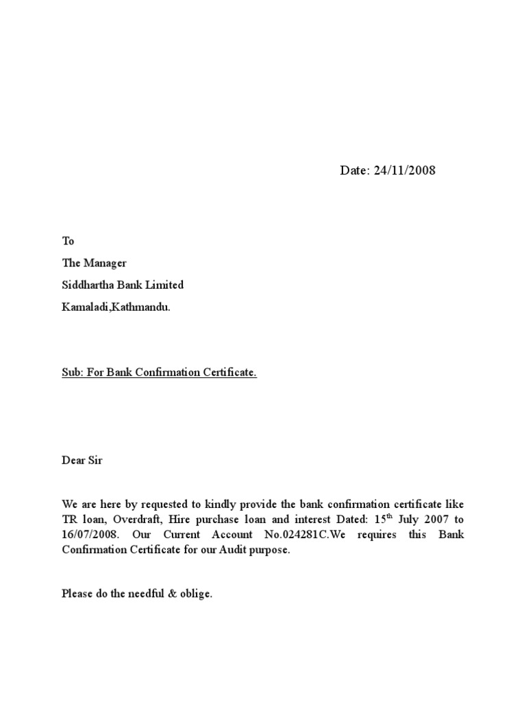 Bank Confirmation Certificate