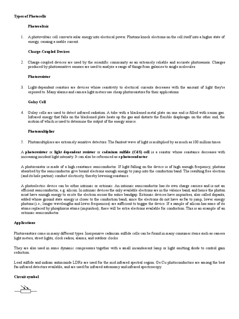 Types of Photocells | PDF | Electromagnetism | Electricity