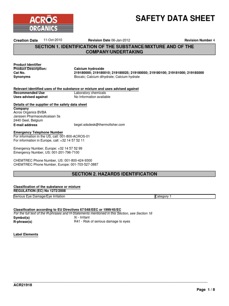 Safety Data Sheet for Calcium Hydroxide | PDF | Personal Protective ...