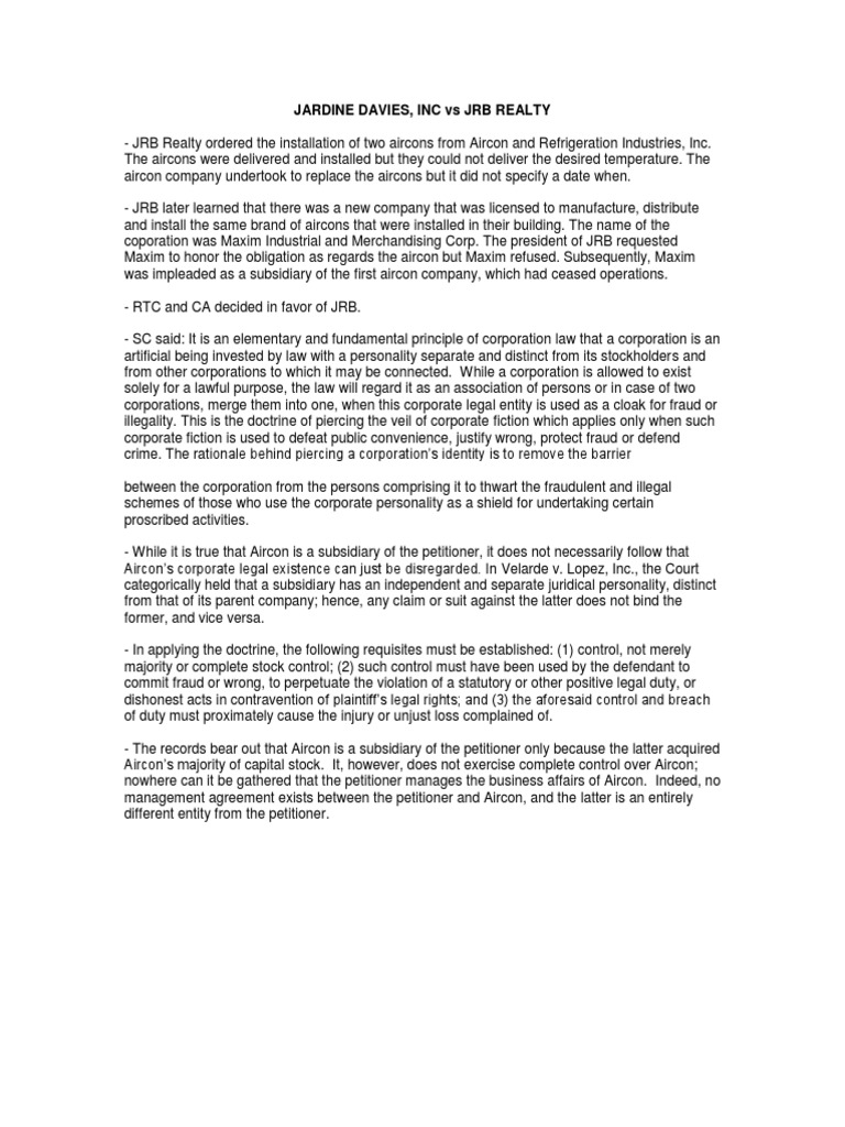 Jardine Davies Vs JRB | PDF | Legal Personality | Subsidiary