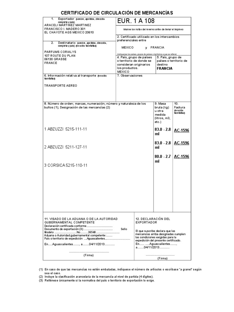 Certificado de circulación de mercancías EUR.1 | PDF | Unión Europea ...