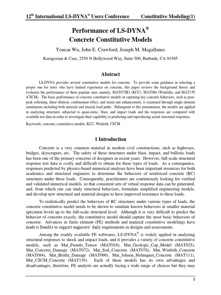 Wu Performance Of Ls Dyna Concrete Constitutive Models Pdf Strength