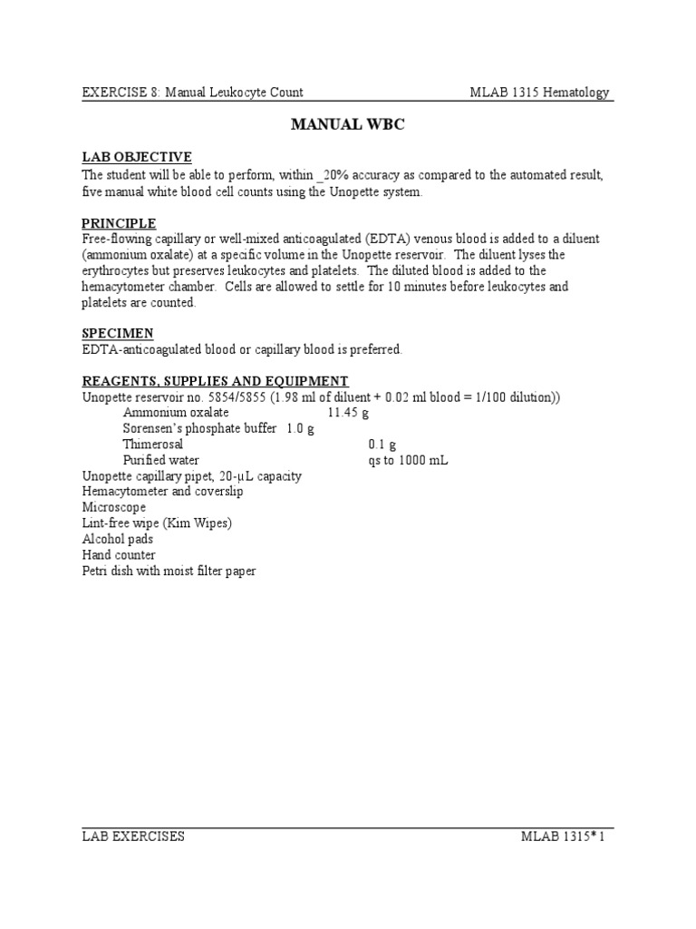 Manual WBC | PDF | Body Fluids | Physiology