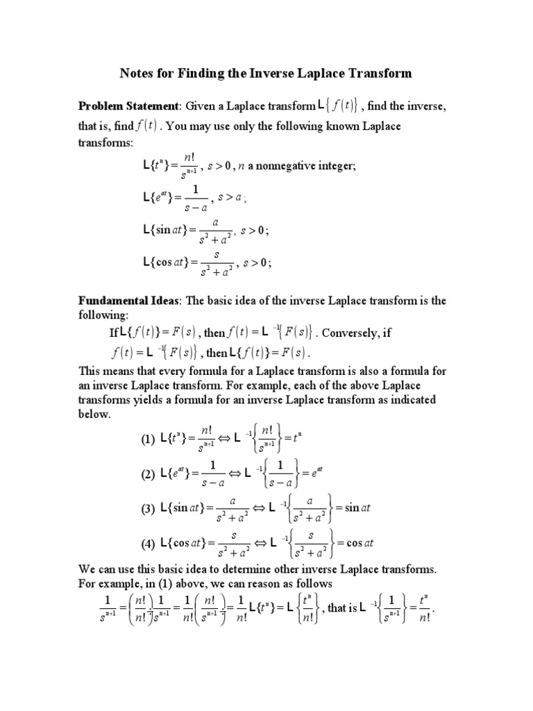 Notes For Finding The Inverse Laplace Transform Pdf Fraction