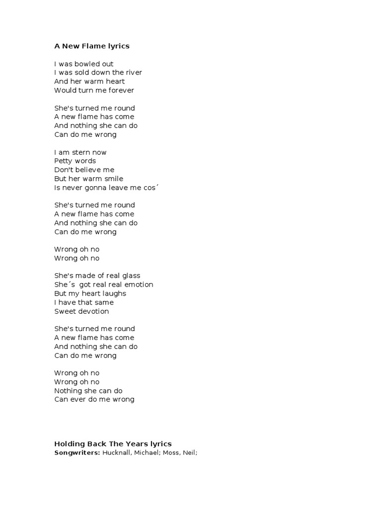New Flame Lyrics and Holding Back the Years | PDF | Leisure ...