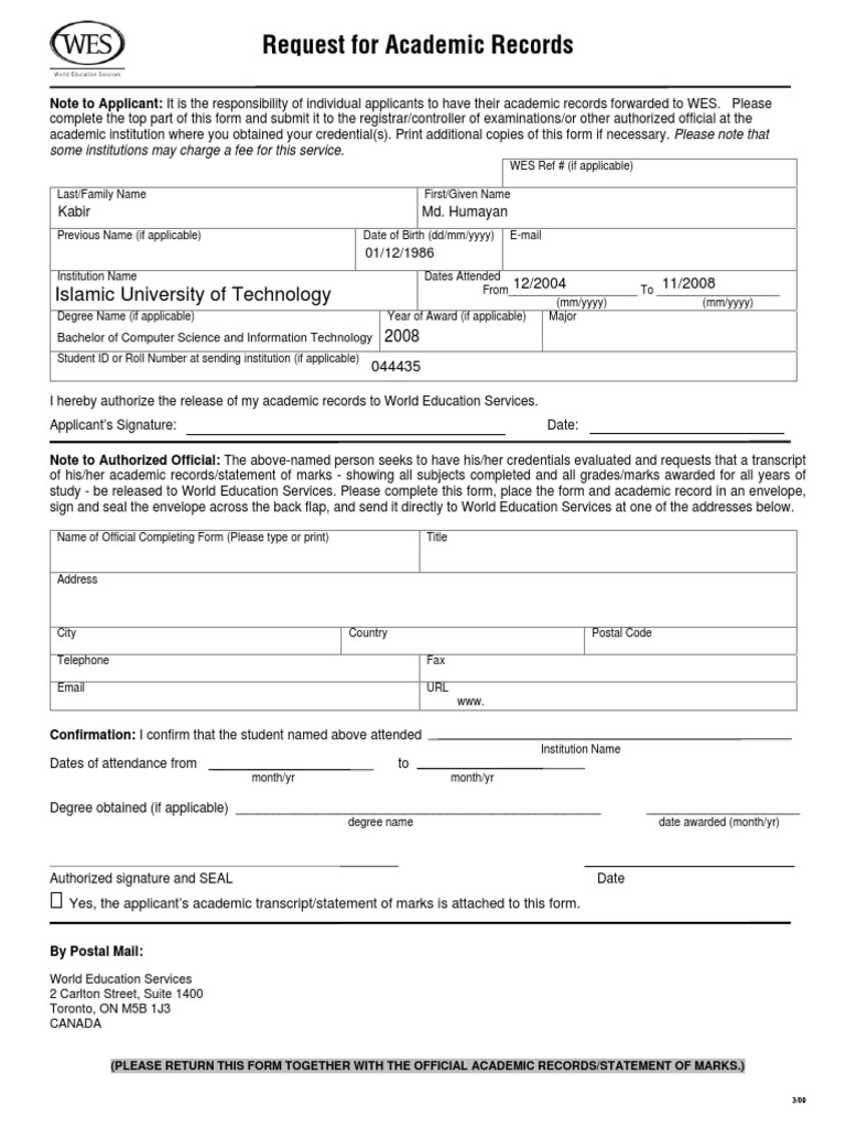 International - Transcript - Request - Canada WES | PDF