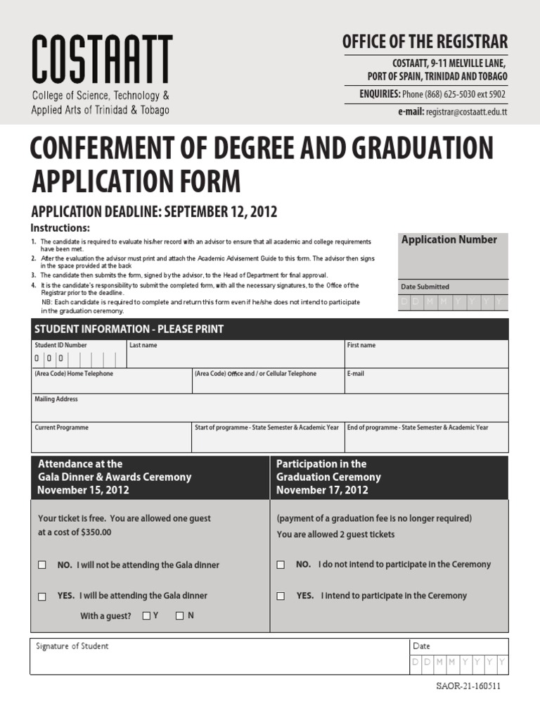 COSTAATT Graduation Application Form 2013 Latest Edition | PDF | Academia