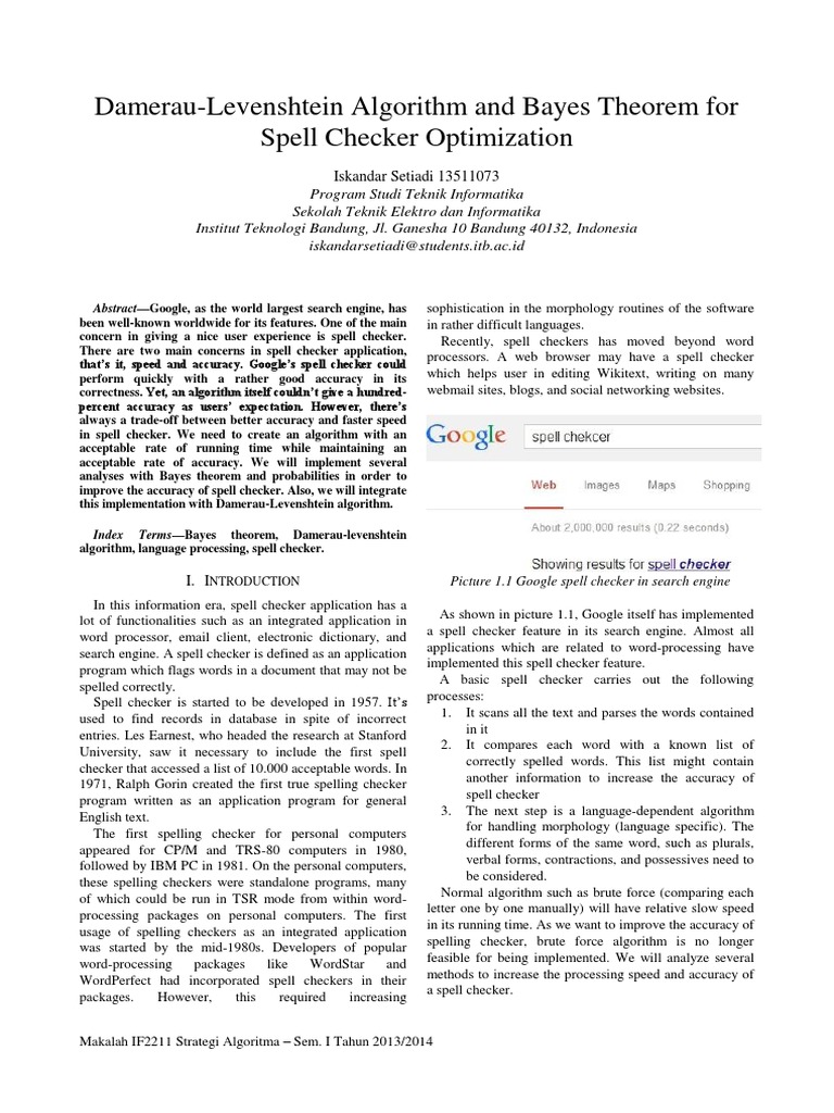 Damerau-Levenshtein Algorithm and Bayes Theorem For Spell Checker Optimization | PDF | Dynamic ...