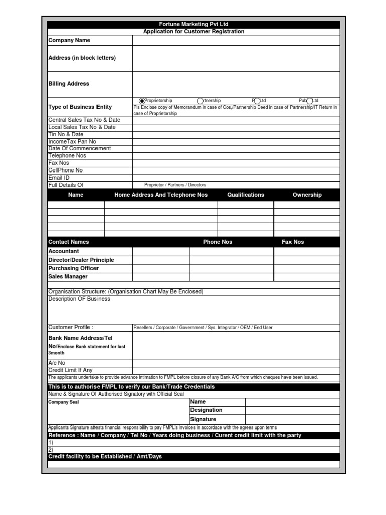 Application For Customer Registration Company Name: Name & Signature of ...